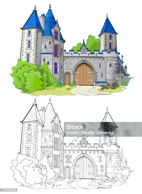 색칠을 위한 다채롭고 흑백 템플릿입니다 성문이 있는 중세 프랑스 요새의 판타지 일러스트레이션입니다 고대 건축물 어린이와 성인을 위한 색칠하기 책용 워크시트 왕국에 대한 스톡