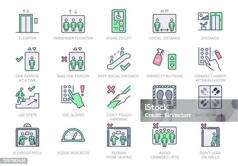 엘리베이터 라인 아이콘입니다 벡터 일러스트아이콘 서비스 리프트 주차 장애인 오두막 보안 카메라 액세스 버튼 개요 Pictogram 녹색 색상 편집 가능한 스트로크