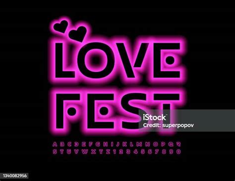 장식 하트 벡터 크리에이티브 포스터 러브 페스트 네온 은 알파벳 문자와 숫자 세트를 조명 공휴일에 대한 스톡 벡터 아트 및 기타 이미지 공휴일 그래픽 프린트 네온