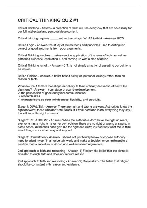 Critical Thinking Quiz Critical Thinking Stuvia US