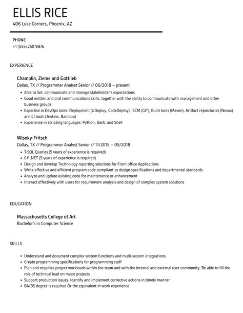 Programmer Analyst Senior Resume Samples Velvet Jobs
