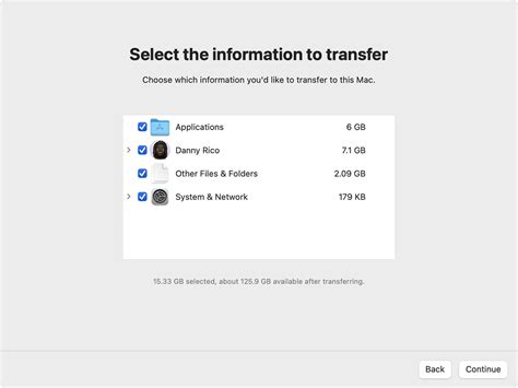 Migration Assistant Showing The Various Categories Of Information