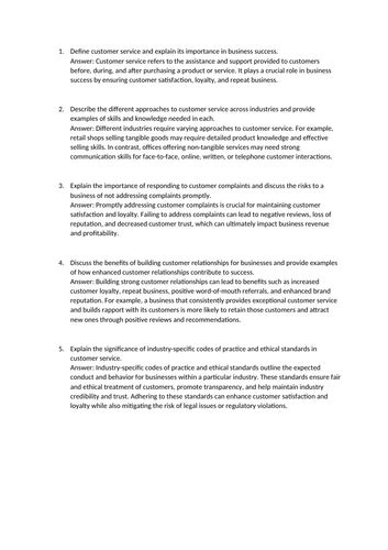 Level 3 Btec Business Unit 14 Investigating Customer Service All Learning Aims A C