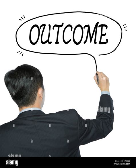 outcome written by businessman in black suit hand writing on