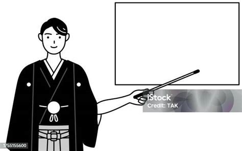 문장이 있는 하카마를 입은 남자가 표시기 막대기로 화이트보드를 가리키고 있다 Launch Party에 대한 스톡 벡터 아트 및 기타 이미지 Launch Party