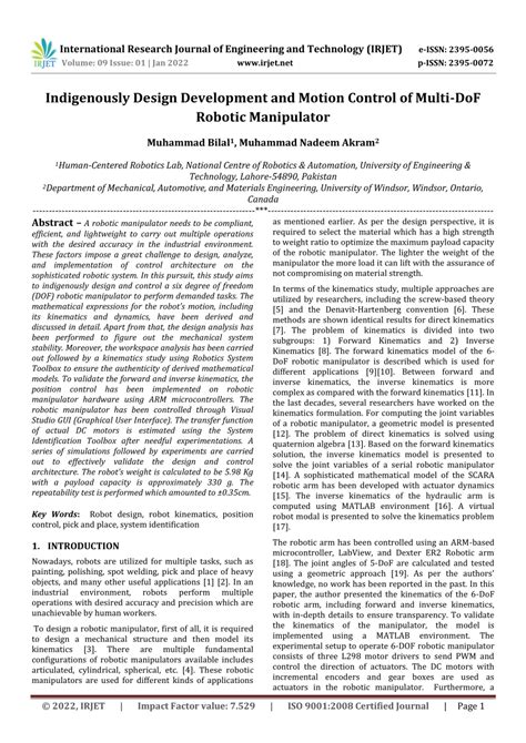 Pdf Indigenously Design Development And Motion Control Of Multi Dof Robotic Manipulator