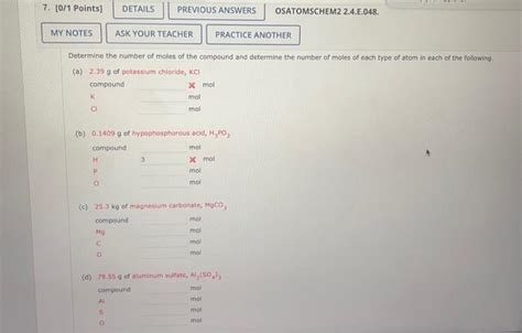 Solved Determine The Number Of Moles Of The Compound And Chegg Com