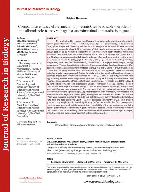 Comparative Efficacy Of Ivermectin Inj Vermic Fenbendazole Peraclear And Albendazole