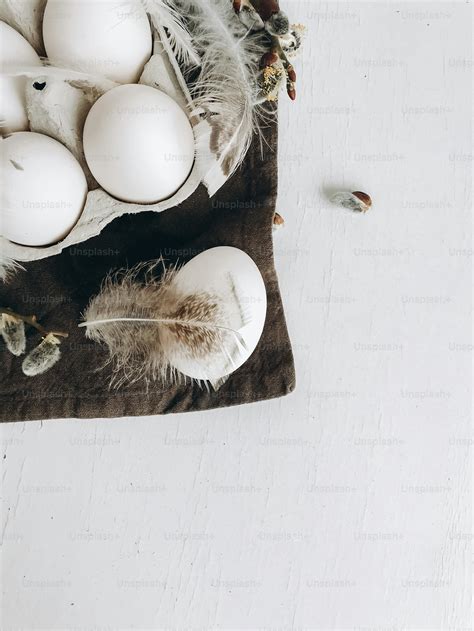세련된 시골 부활절 플랫 레이 자연 부활절 달걀 깃털 음부 버드 나무 가지가 흰색 오래된 테이블에 소박한 천에 있습니다 현대적인 단순한 미학 흰색과 회색 색상