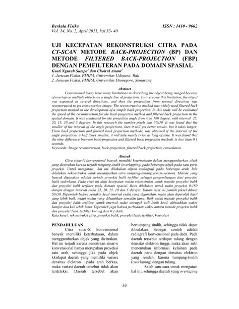 Pdf Uji Kecepatan Rekonstruksi Citra Pada Ct Scan Metode Back Projection Bp Dan Metode