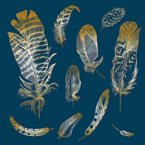 격리 된 배경에 새 깃털의 현실적인 스케치를 설정 자세한 잉크 라인 펜 클립 아트 황금 깃털 Boho 클립 아트 손으로 그린