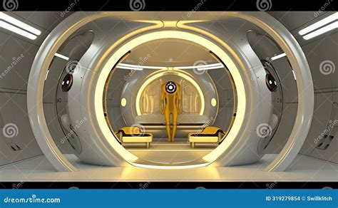 Spaceship Or Lab Interior In Retro Futuristic Sci Fi Style With Round Doors Stock Photo Image