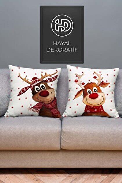 Hayal Dekoratif Yılbaşı Temalı Beyaz Zemin Geyik Desenli 4lü Dijital Baskılı Hediyelik Yastık