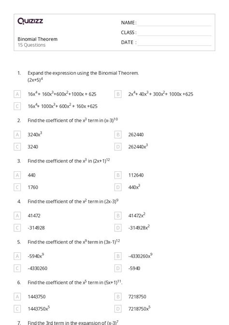 50 Binomial Theorem Worksheets For 11th Class On Quizizz Free And Printable