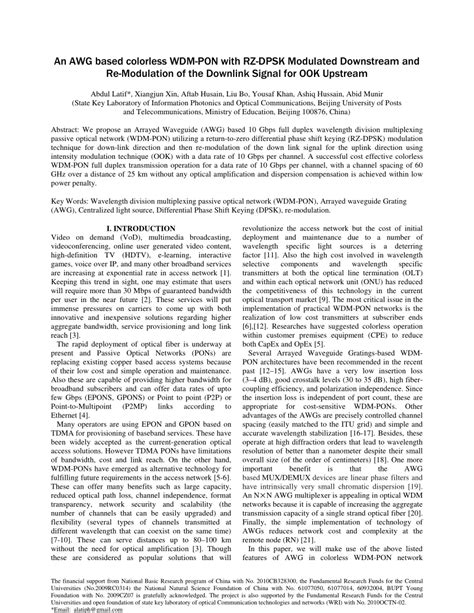 pdf an awg based colorless wdm pon with rz dpsk modulated downstream