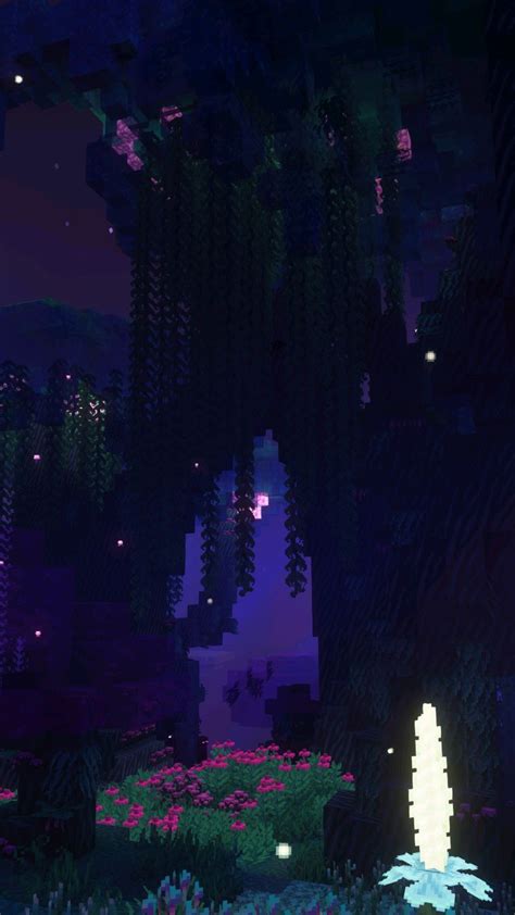 Minecraft Night Scene With Cute Trees And Flowers