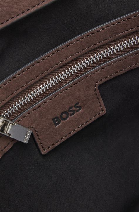 Boss Ariell Shopper Bag In Nubuck With Double B Monogram Dark Brown