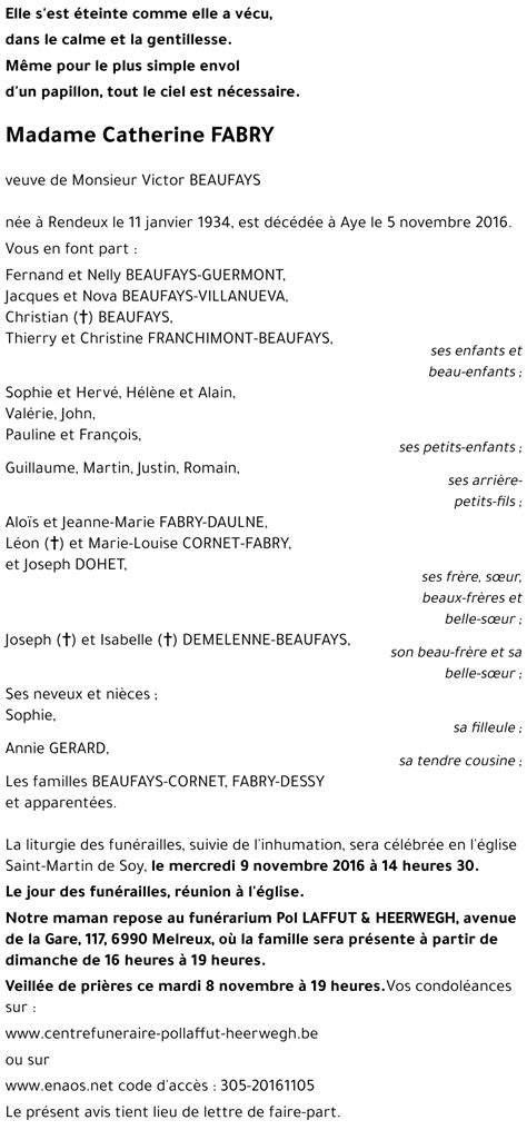 Avis De Décès De Catherine Fabry Décédé Le 05 11 2016 à Aye Annonce Condoléances Fleurs Etc