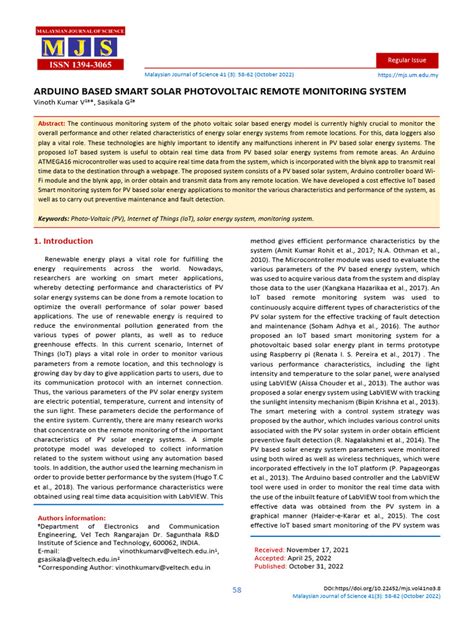 Arduino Based Smart Solar Photovoltaic Remote Monitoring System Pdf