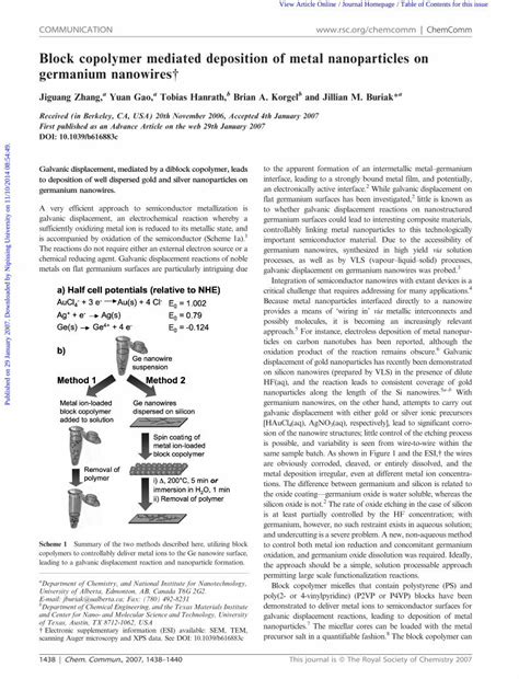 Pdf Block Copolymer Mediated Deposition Of Metal Nanoparticles On Germanium Nanowires