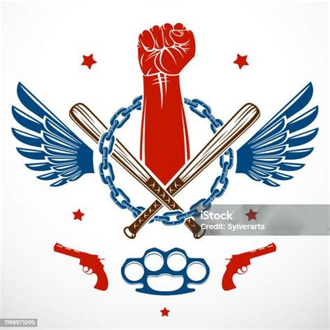 무정부 상태와 카오스 공격적인 엠블럼 또는 강한 꽉 주먹 무기 와 다른 디자인 요소 벡터 빈티지 스타일의 문신 반란군 폭동 당파와 혁명 Revolution에 대한 스톡 벡터