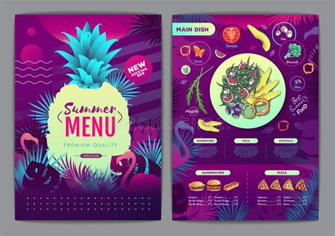 Restaurant Summer Tropical Gradient Menu Design With Fluorescent Tropic Leaves And Flamingo