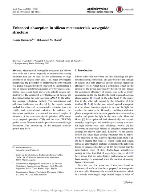 Enhanced Absorption In Silicon Metamaterials Waveguide Structure Request Pdf