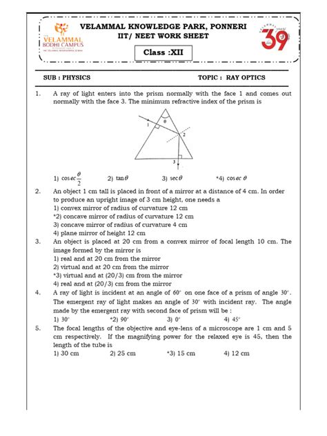 Ray Optics Ws Pdf Refraction Refractive Index