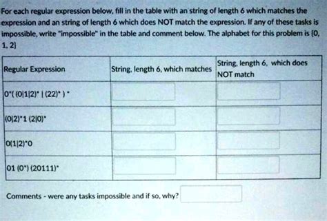 solved for each regular expression below fill in the table with an