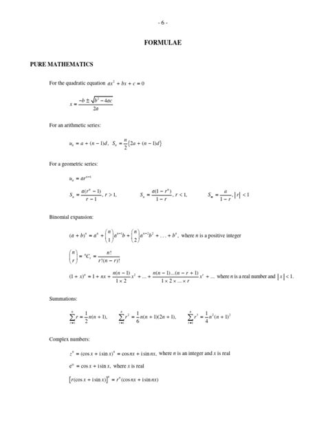 Cxc Cape Pure Mathematics Formulas Sheet Pdf Mathematical Analysis