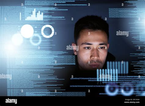 Data Programmer And Man With Focus Hologram Or Cyber Security With Website Information