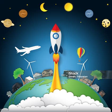 사업으로 지구 공간 또는 코스모스 열기구 및 비행기에 발사 로켓 프로젝트를 시작 예술과 공예 스타일 개념 종이 벡터 일러스트 레이 터 개념에 대한 스톡 벡터 아트 및 기타