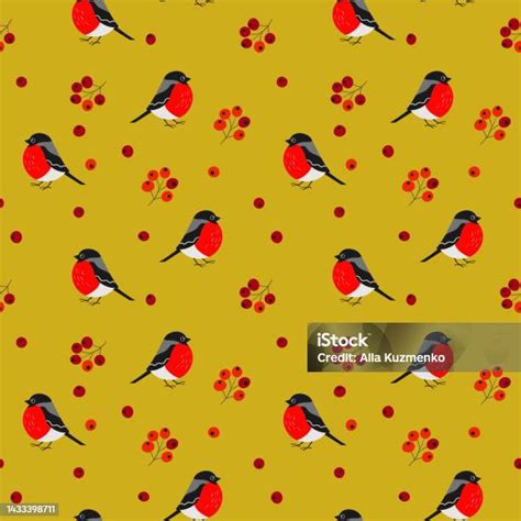 재미있는 다채로운 불핀치 새 꽃 및 열매가있는 완벽한 패턴 작은 만화 새와 컬러 플랫 벡터 일러스트레이션 귀여운 캐릭터 초대장