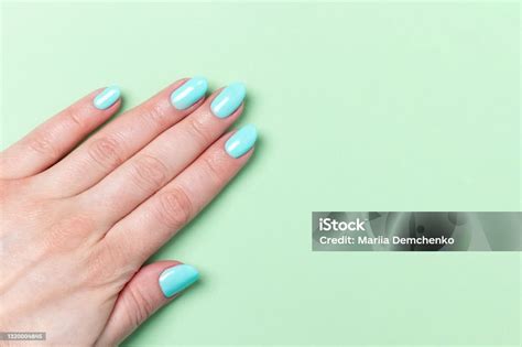 아름다운 매니큐어와 여성 손 녹색 배경에 민트 블루 손톱 복사 공간클로즈업 네일 살롱에 대한 스톡 사진 및 기타 이미지 네일 살롱 녹색 디자인 Istock