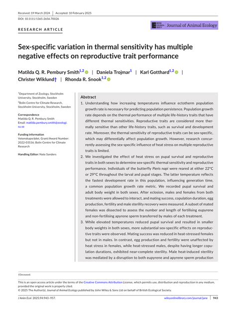 Pdf Sex‐specific Variation In Thermal Sensitivity Has Multiple