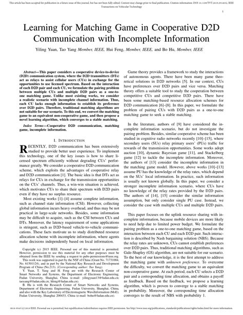 Pdf Learning For Matching Game In Cooperative D2d Communication With Incomplete Information