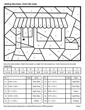 Adding Decimals Coloring Worksheets Color By Code By WhooperSwan