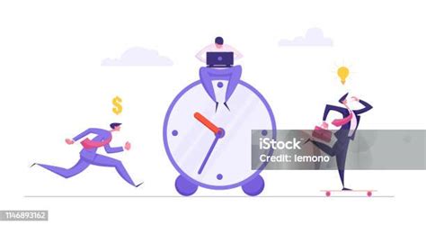 사업가 및 알람 시계와 비즈니스 마감일 시간 관리 개념입니다 작업을 실행 하는 사무실 노동자 계획 및 전략 솔루션 벡터 평면
