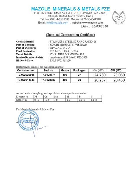 Chemical Composition Certificate 994 Pdf