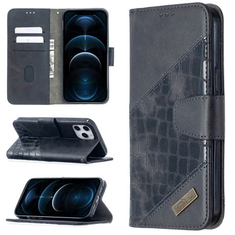 아이폰 12 프로 맥스 매칭 컬러 악어 질감 가로 플립 Pu 가죽 케이스 지갑 및 홀더 및 카드 슬롯 포함 블랙