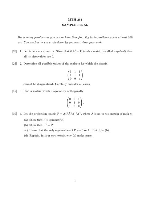 10 Sample Example Final Exam Introduction Linear Algebra Mth 261