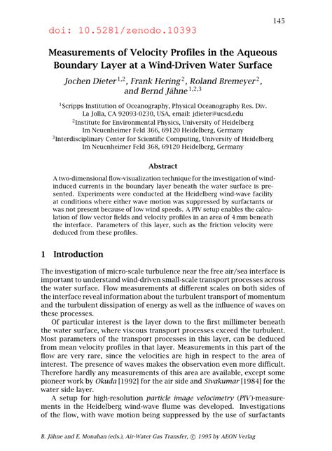 PDF Measurements Of Velocity Profiles In The Aqueous Boundary Layer At A Wind Driven Water Surface