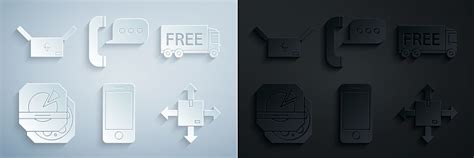 앱 배달 추적 무료 서비스 피자 골판지 상자 골판지 교통 기호 전화 말풍선 채팅 및 아이콘으로 휴대 전화를 설정합니다 벡터 3차원 형태에 대한 스톡 벡터 아트 및 기타