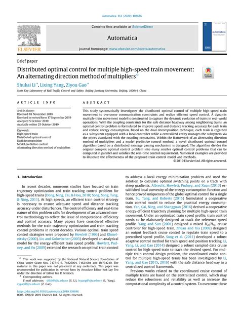 Distributed Optimal Control For Multiple High Speed Train Movemen 2020