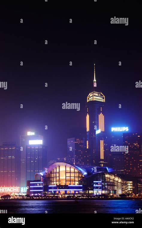 Night View Hong Kong Convention And Exhibition Center Victoria Harbor