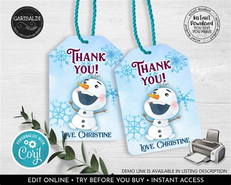 Editable Frozen Favor Tag Frozen Labels Snow Queen Birthday Party Tags