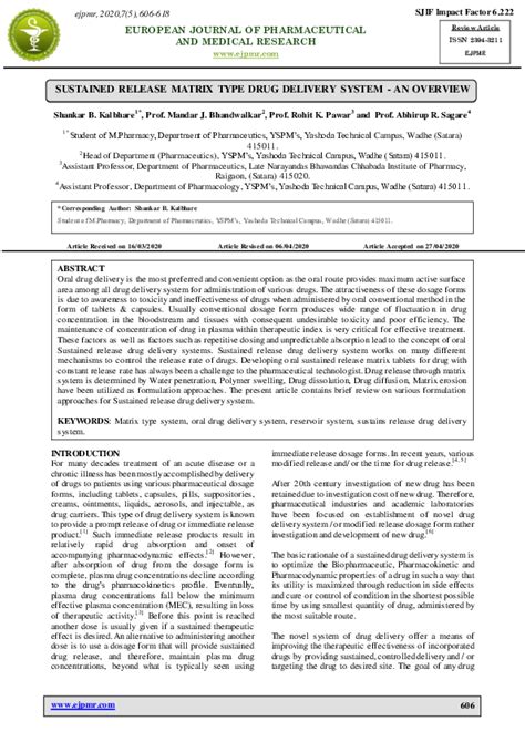 Pdf Sustained Release Matrix Type Drug Delivery System An Overview
