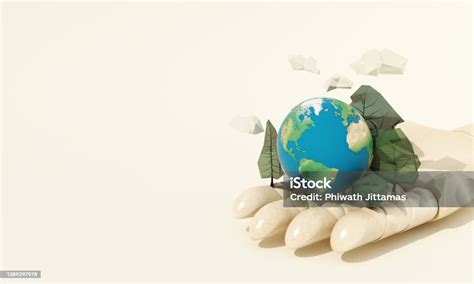 흰색 배경 3d 렌더링 그림에 나무 손에 지구 지구 지구와 바닥에 낮은 폴리 나무와 구름과 강과 혁신적인 포스터 또는 세계 환경의 날의 배너 세계지도에 대한 스톡 사진 및