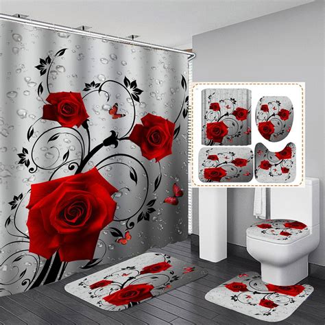 4pcs Red Rose Shower Curtain Set Waterproof Polyester Fabric With Non Slip Bathroom Rugs And 12