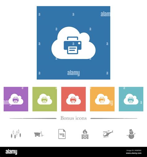 Cloud Printing Flat White Icons In Square Backgrounds 6 Bonus Icons Included Stock Vector Image